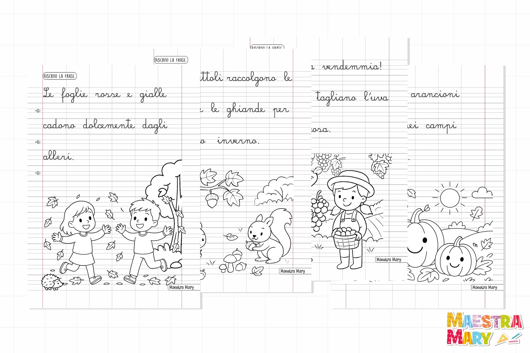 Schede: scrittura in corsivo con il tema dell'autunno | Maestra Mary